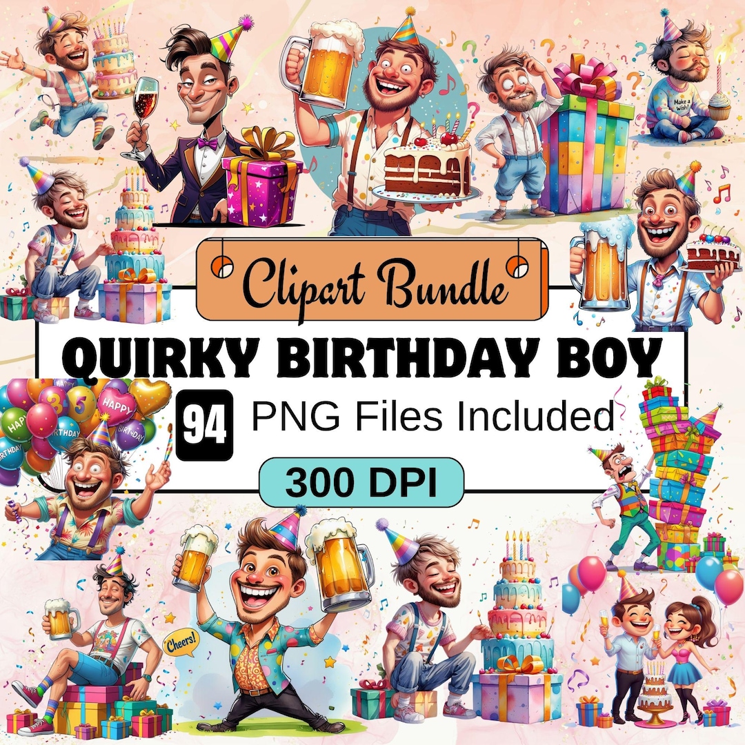 94 Quirky Birthday Man Clipart Bundle Png,watercolor Quirky Birthday ...