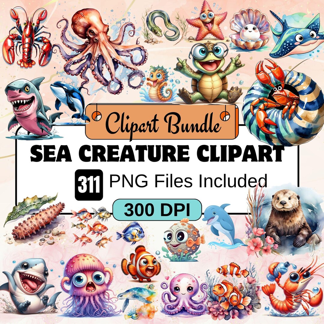 Sea Creature Clipart,watercolor Sea Animal Clipart PNG Bundle,ocean ...