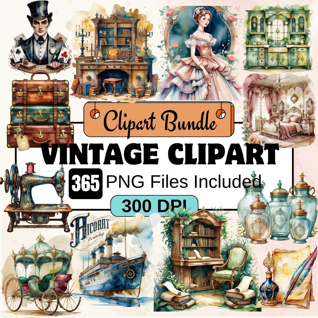 368 Vintage Clipart Bundle Set,watercolor Vintage Clipart PNG, Vintage ...