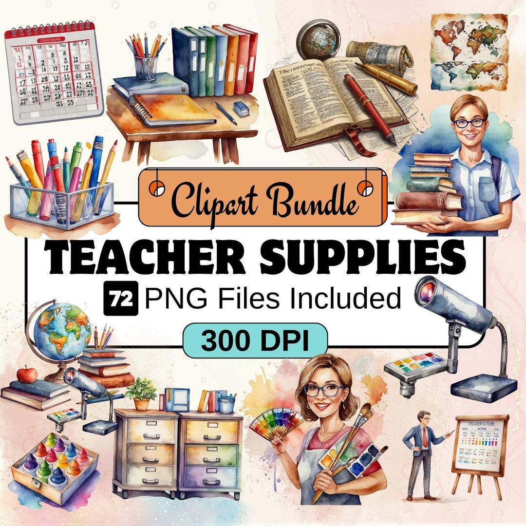 Teacher Supplies Clipart, School Clipart PNG Bundle, 72 PNG Cute ...