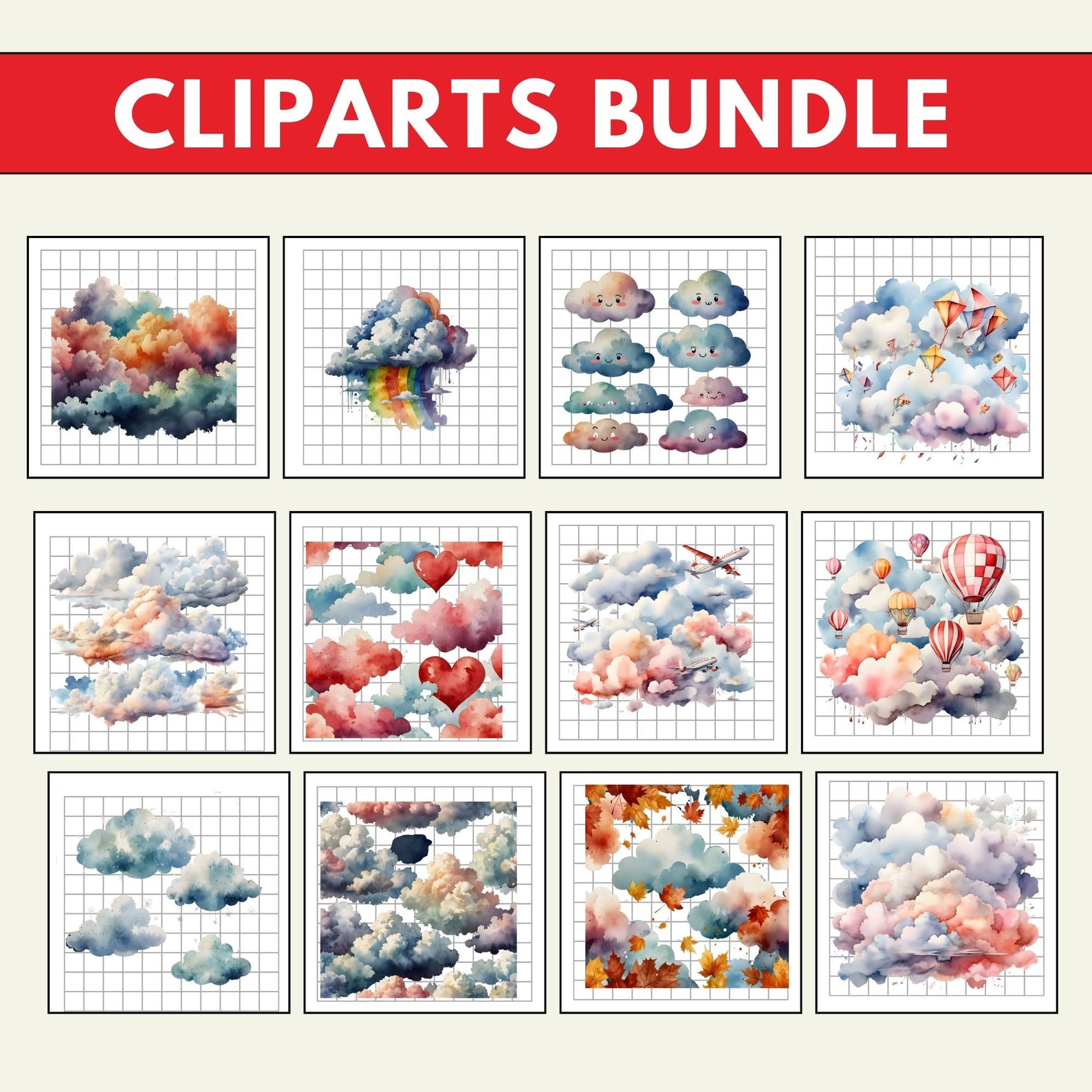 Cloud Clipart, Weather Clipart PNG Bundle, 24 PNG Cloud Clipart Bundle ...