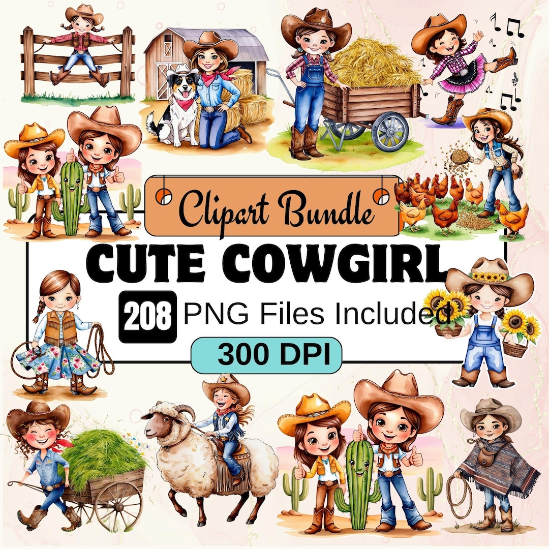 Cute Cowgirl Clipart,pink Cowgirl Clipart PNG Bundle,208 PNG Watercolor ...