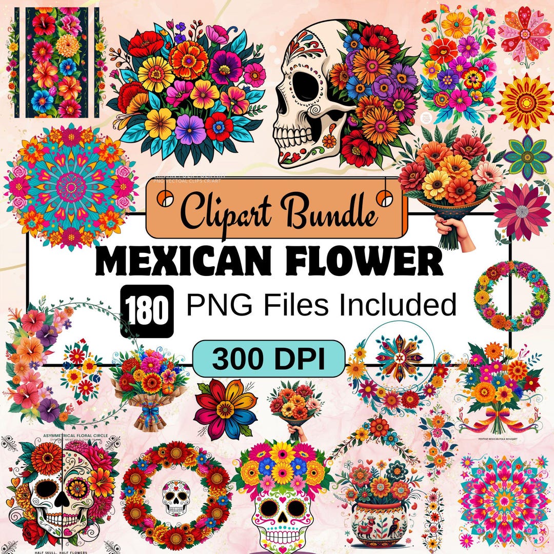 180mexican Flower Clipart,mexican Fiesta Flower PNG Bundle,watercolor ...