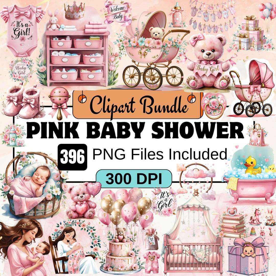 396 Pink Baby Shower Clipart, Baby Shower Clipart PNG Bundle,baby ...