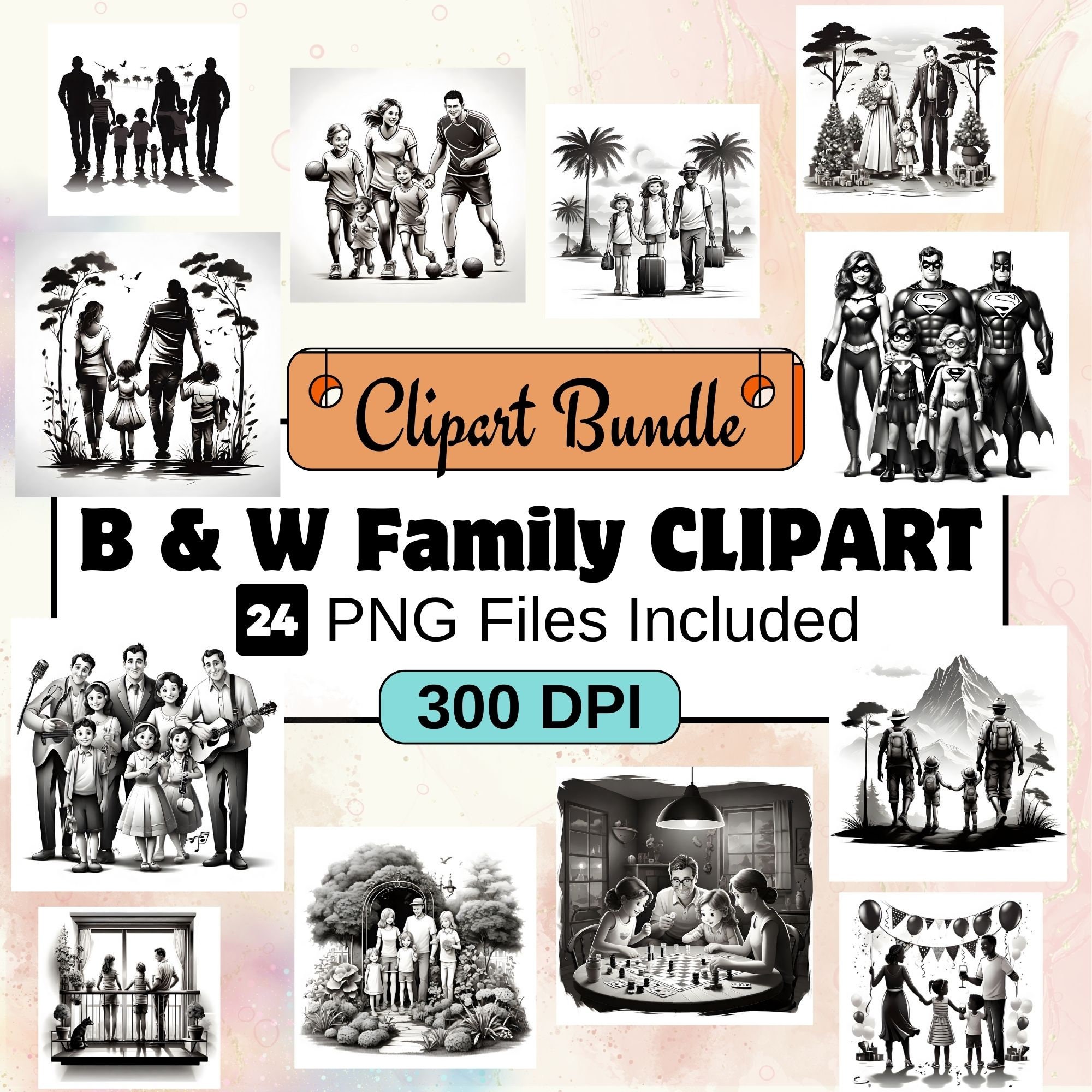 Family Clipart Black and White, Family Love Clipart PNG Bundle, 24 PNG ...
