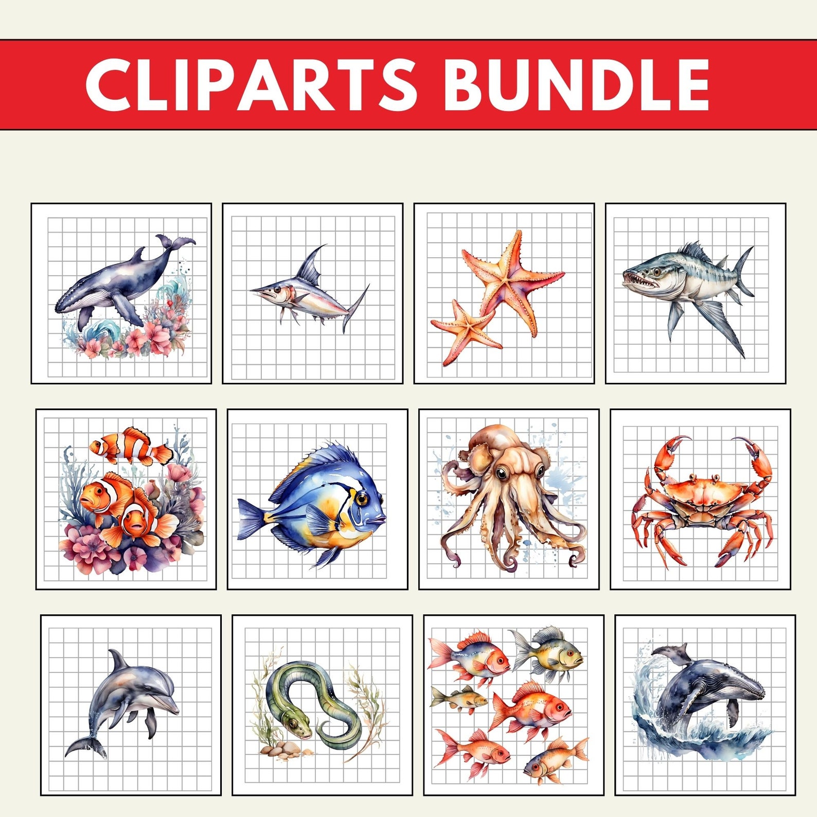 Sea Animal Clipart, Animal Clipart PNG Bundle, 70 PNG Sea Animal ...