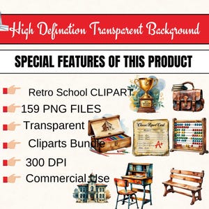 Vintage School Clipart,retro School Clipart PNG Bundle,old School,1950 ...