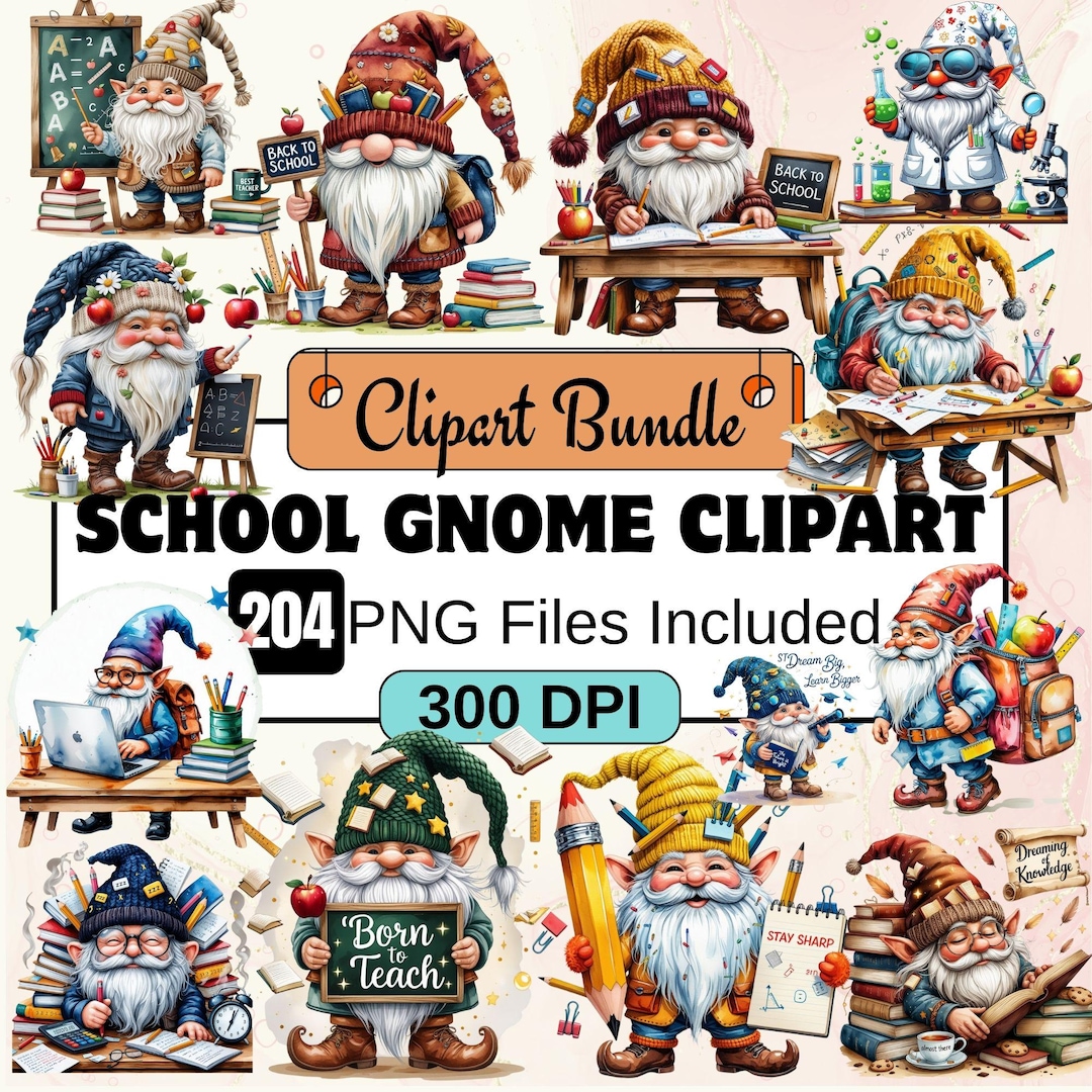 School Gnome Clipart,back to School Clipart PNG Bundle,graduation ...