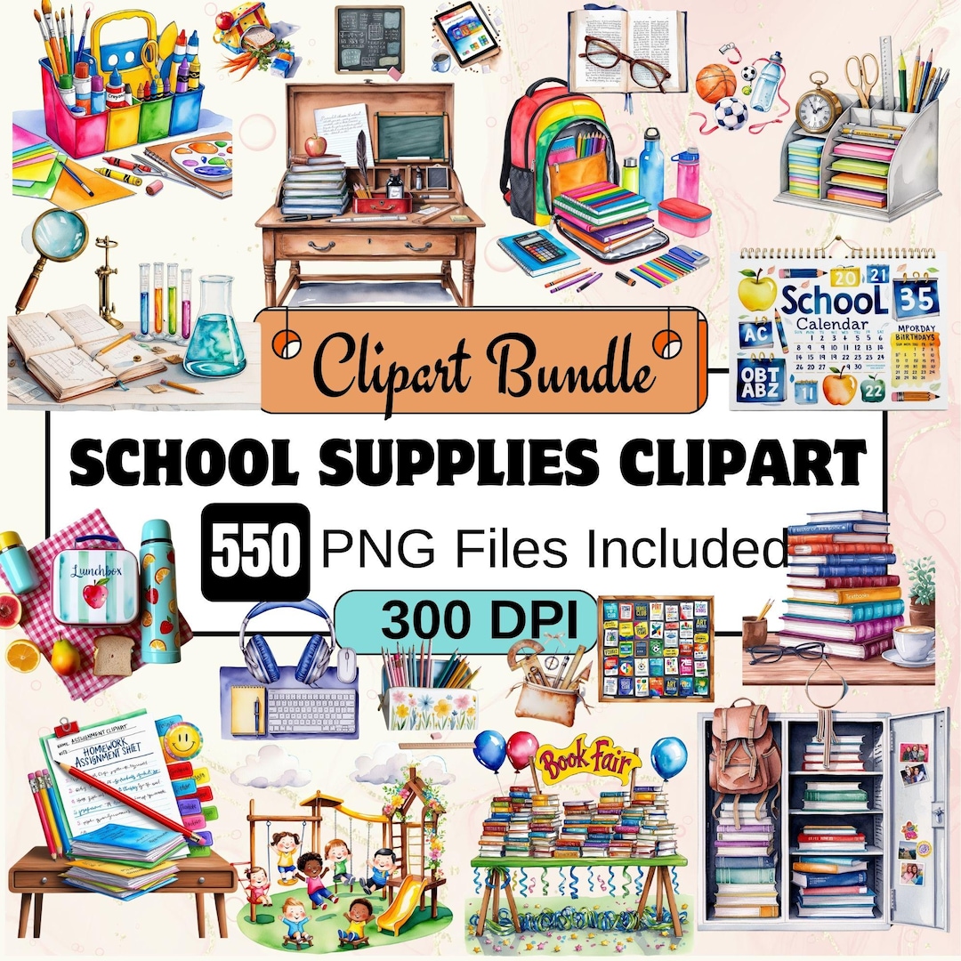 School Supply Clipart,teacher Clipart PNG Bundle,550 PNG School ...