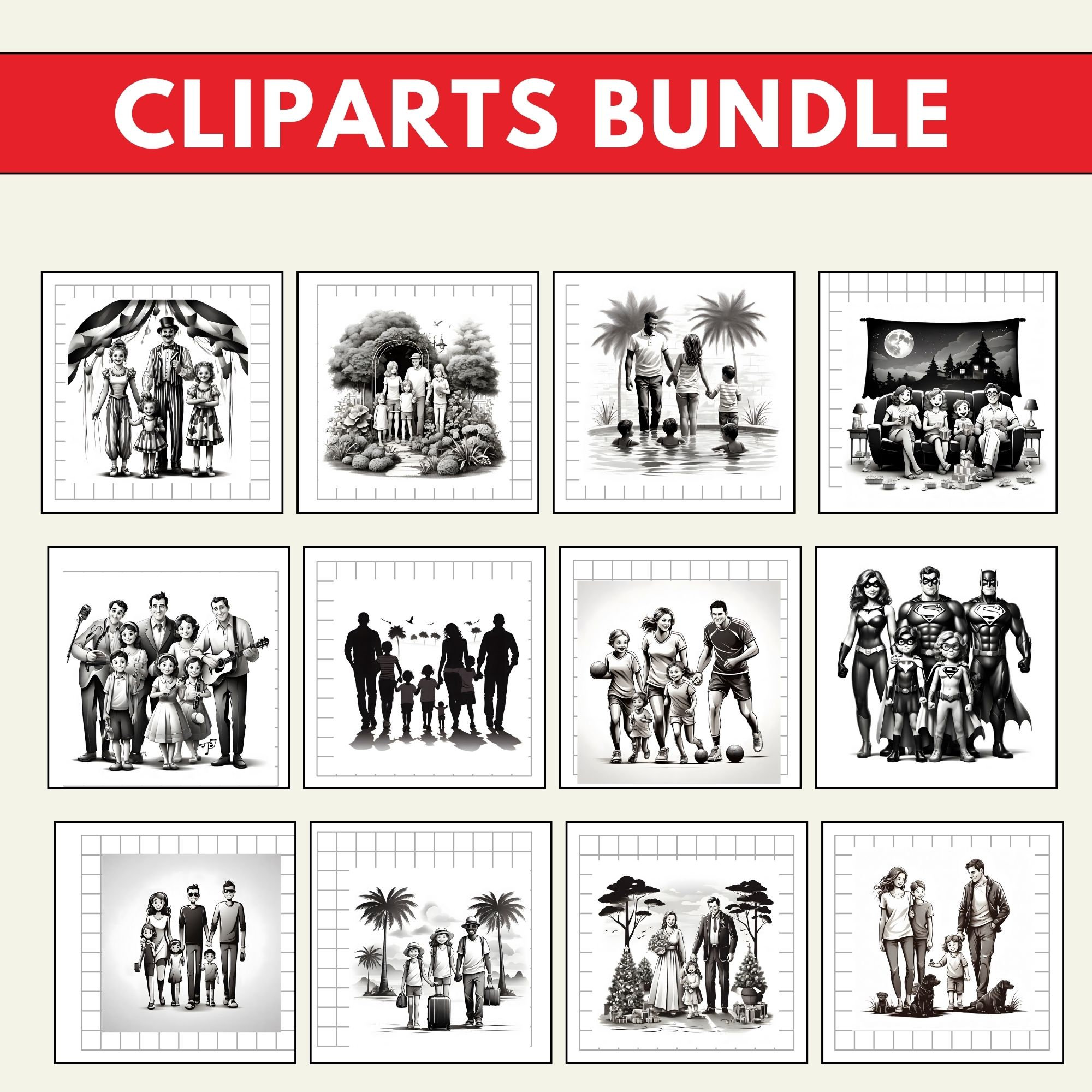 Family Clipart Black and White, Family Love Clipart PNG Bundle, 24 PNG ...
