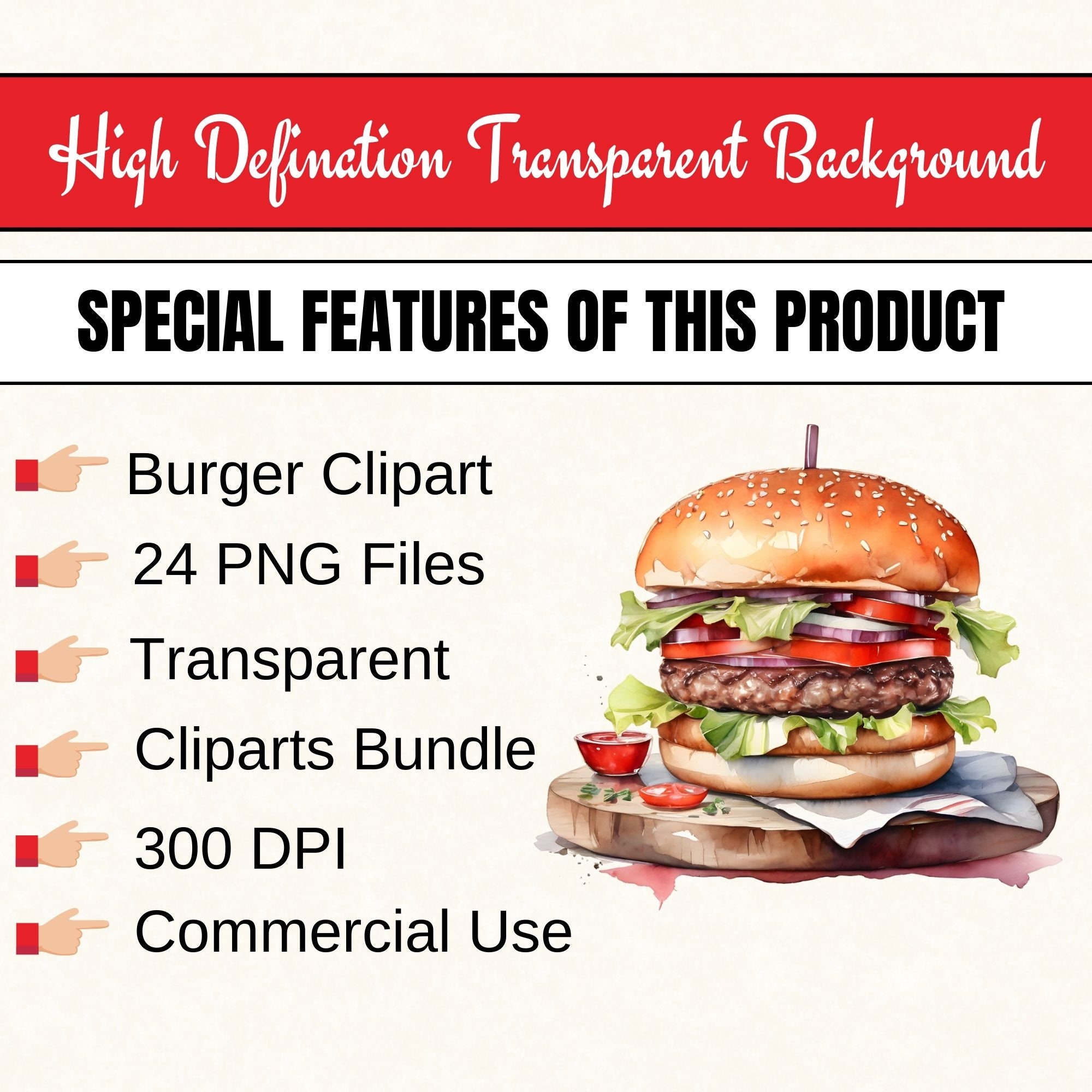 Burger Clipart, Watercolor Burger PNG Bundle, 24 PNG Burger Clipart ...