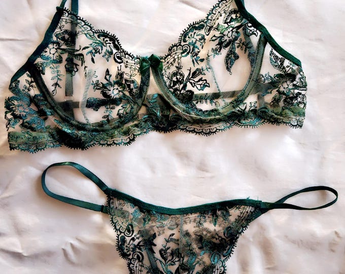 Green Flower Embroidered Lingerie Set - Etsy