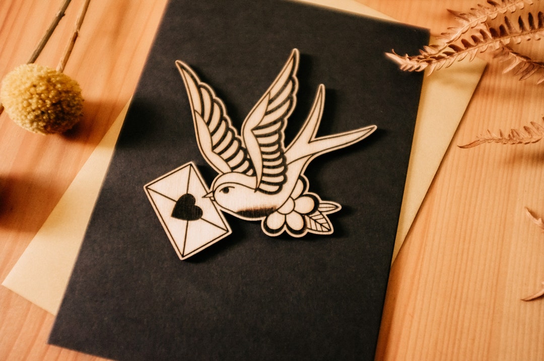 Traditional Swallow Love Letter Tattoo Wooden Engraved A6 Greeting Card ...