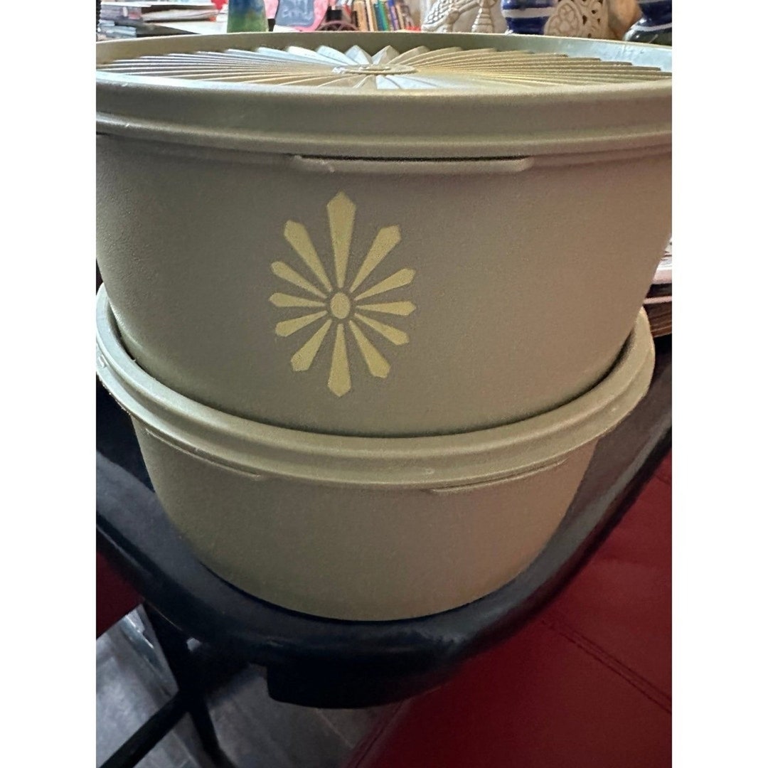 2 Vintage TUPPERWARE 1204-9 Olive Green Servalier Storage Canister W ...