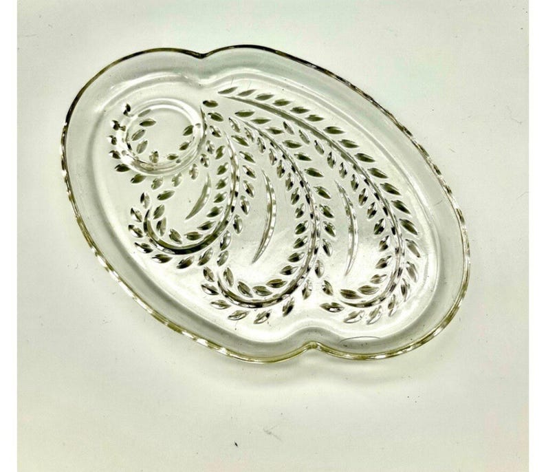 Vintage Federal Glass Snack Set: Clear Cups and Plates With Leaf Design ...