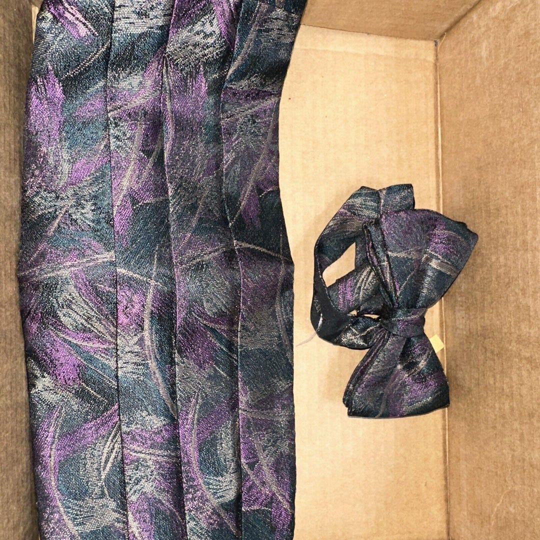 Vintage 80s Bow Tie and Cummerbund Set Adjustable Black Purple Green ...