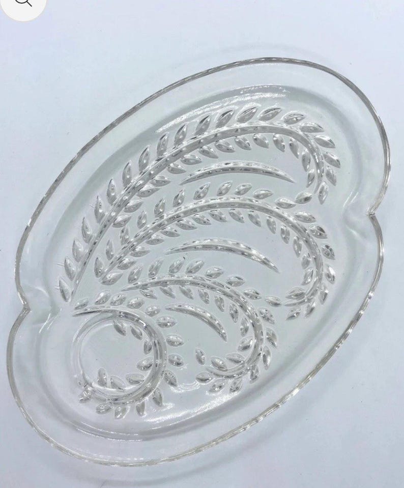 Vintage Federal Glass Snack Set: Clear Cups and Plates With Leaf Design ...