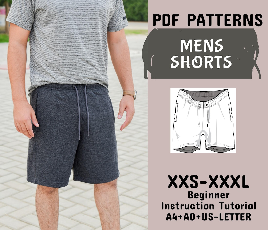 Mens Shorts Sewing Pattern, Mens Short Drawstring Waist, Men's Summer ...