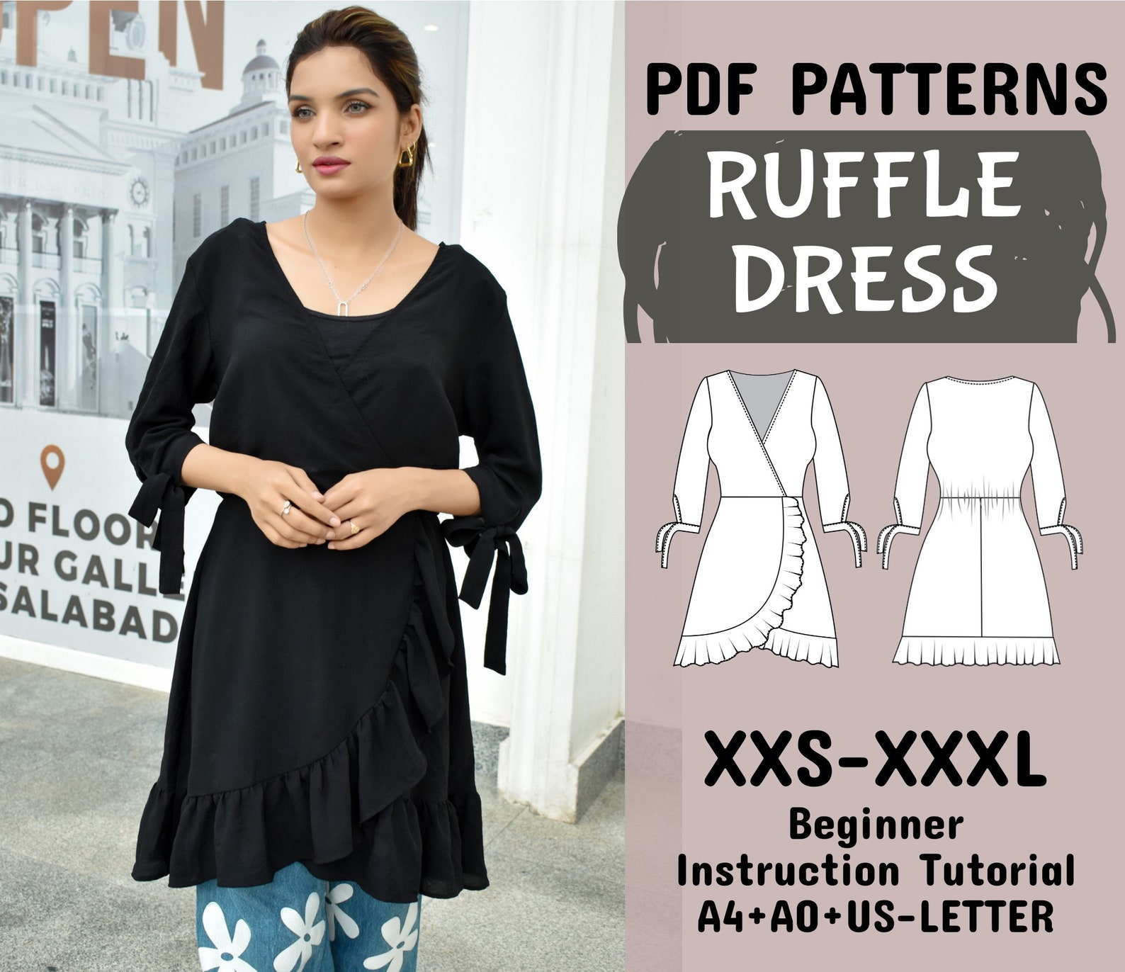 Ruffle Dress Sewing Pattern,v-neck Wrap Dress With Flare, Womens Dress ...