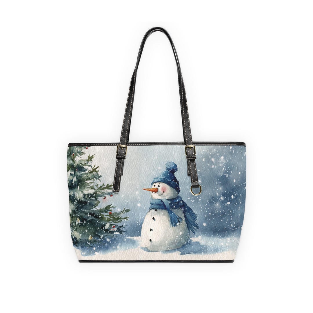 Snowman Winter Scene PU Leather Shoulder Bag | Holiday Snowflake Tote ...