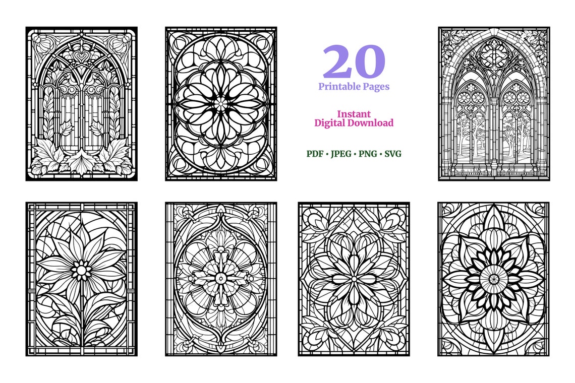 Stained Glass Window Coloring Pages Vol 1: 20 Printable Coloring Book ...