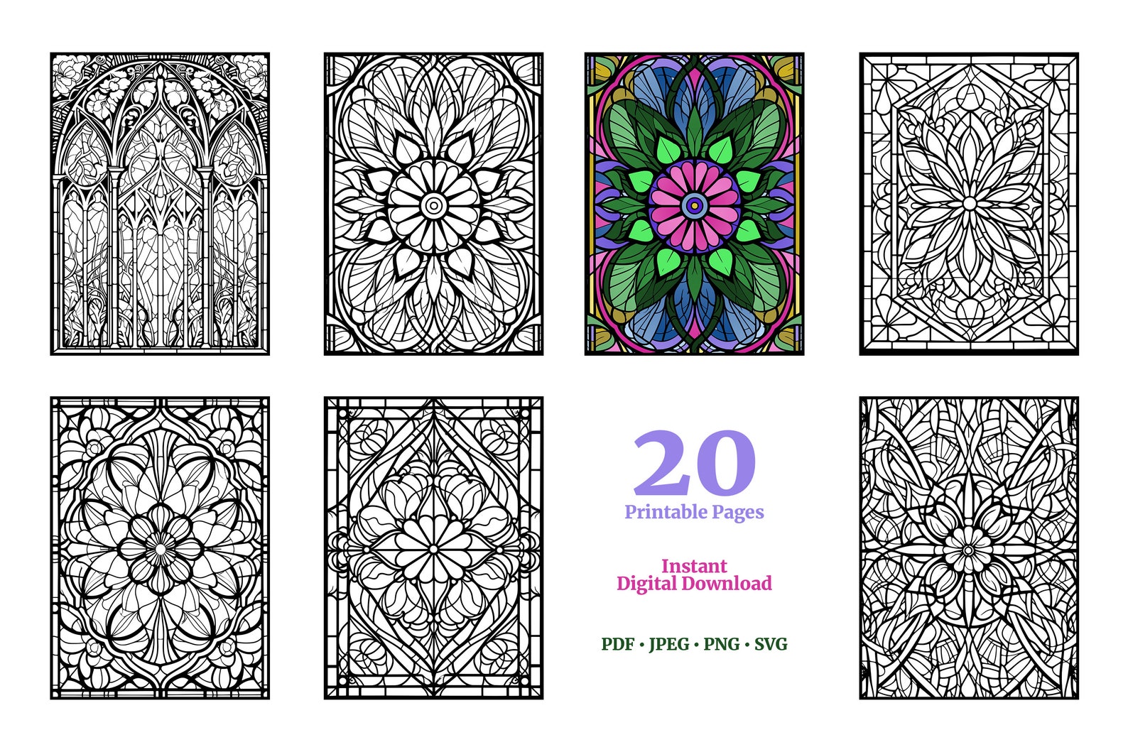Stained Glass Window Coloring Pages Vol 1: 20 Printable Coloring Book ...