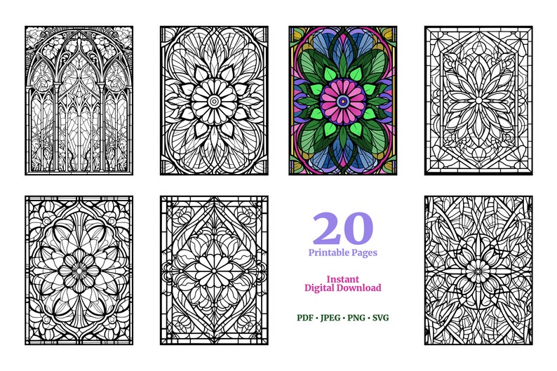 Stained Glass Window Coloring Pages Vol 1: 20 Printable Coloring Book ...