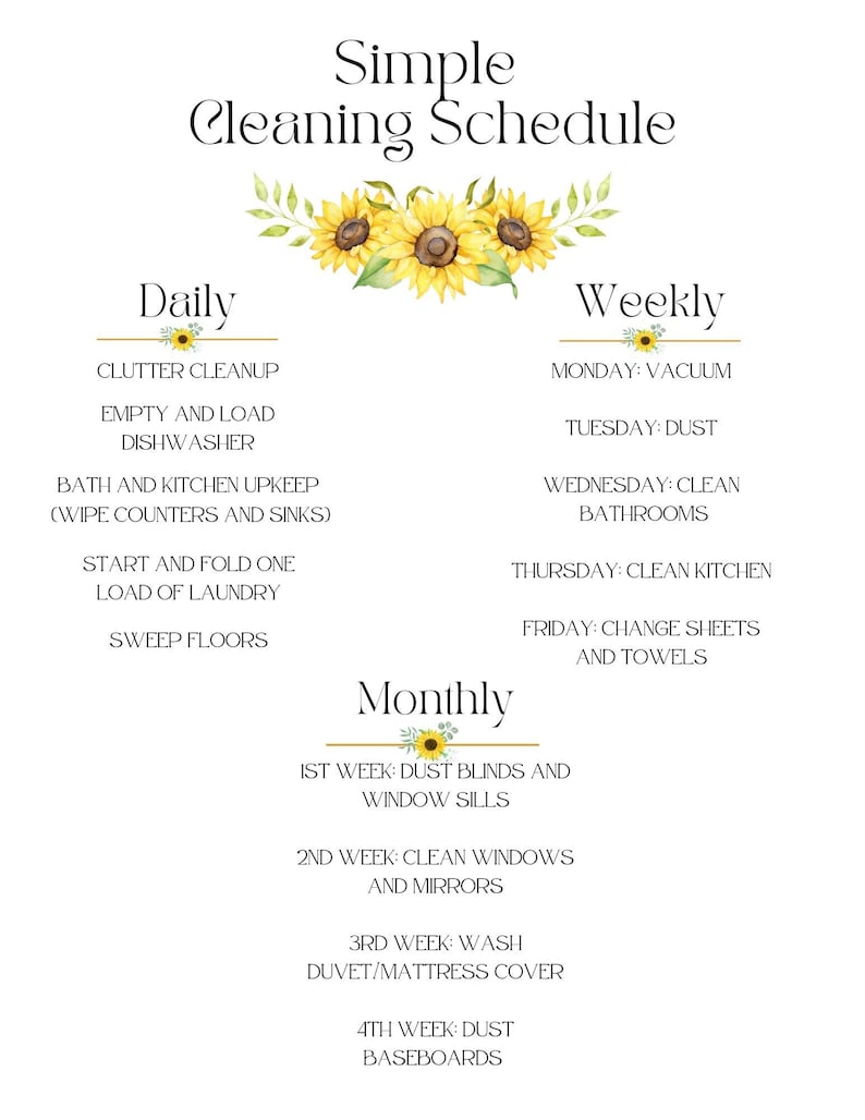 Simple Cleaning Schedule - Etsy