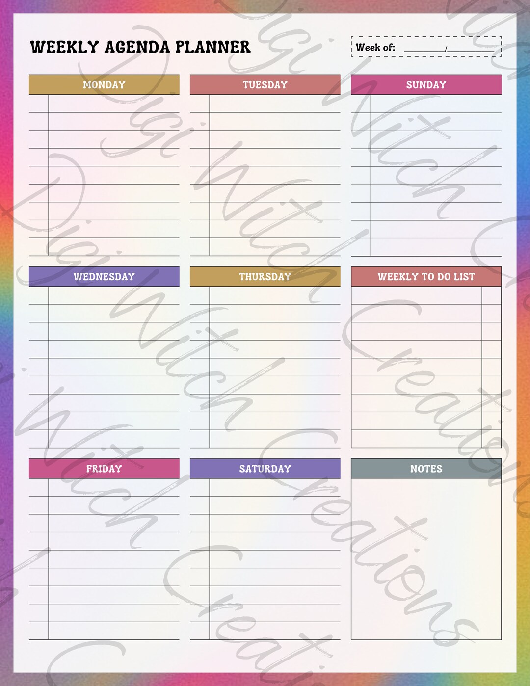 Rainbow Weekly Planner Page - Etsy