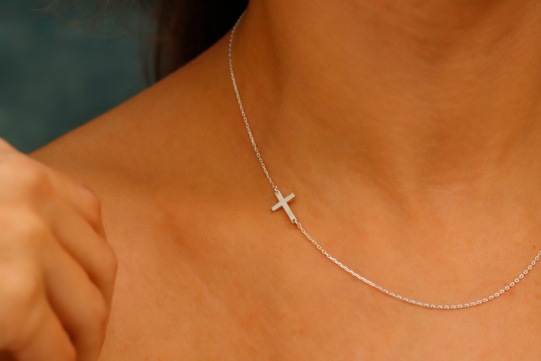 Side Cross Necklace 925K Sterling Silver * Sideways Cross Necklace Gold ...