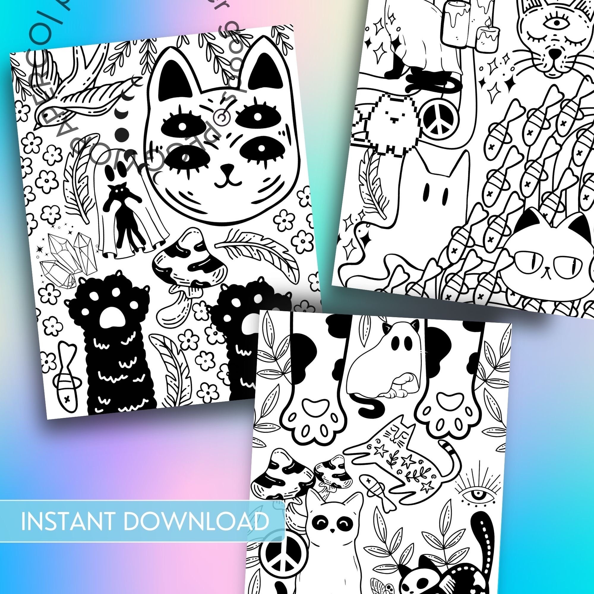 Magic Cats Coloring Pages: Esoteric Summerween Designs (digital ...