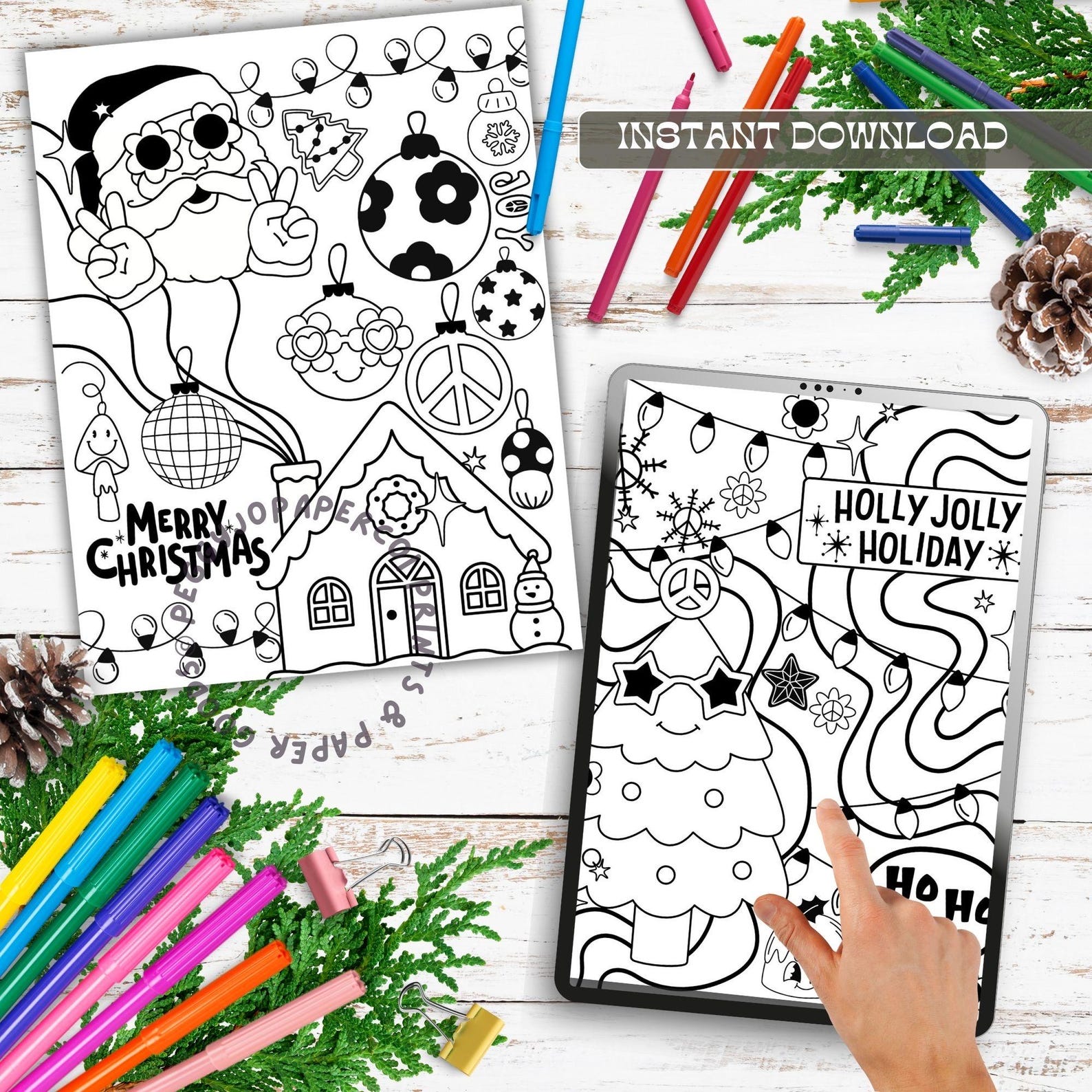 Hippy Holiday Christmas Coloring Pages: Retro Festive Designs (PDF ...