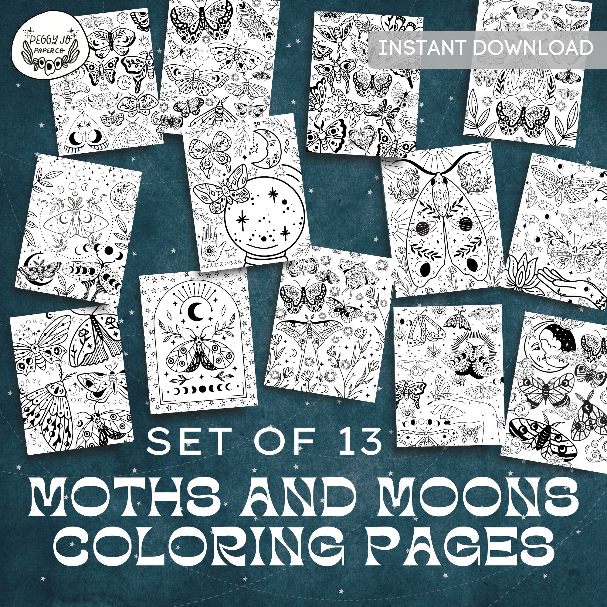 Moths & Moons Coloring Pages, Witch Coloring Book, Witchy Aesthetic ...