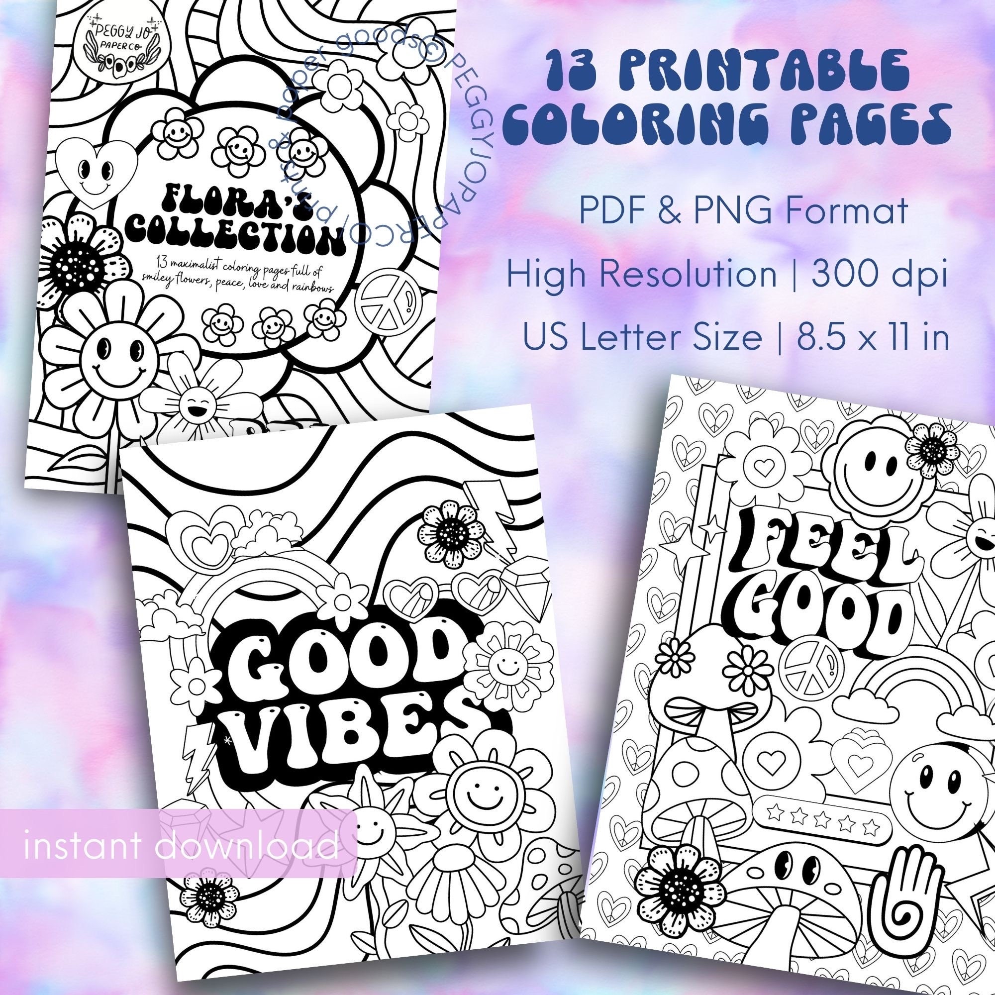 Flower Coloring Pages, Retro-chic, Hippy Retro, Hippie Adult Coloring ...