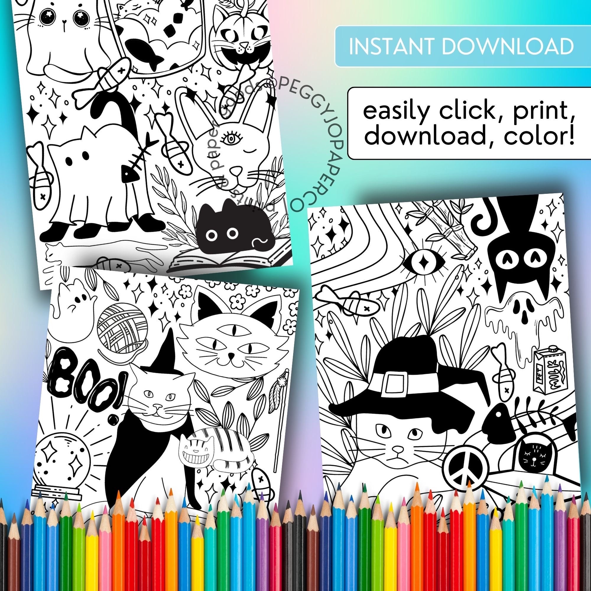 Magic Cats Coloring Pages: Esoteric Summerween Designs (digital ...
