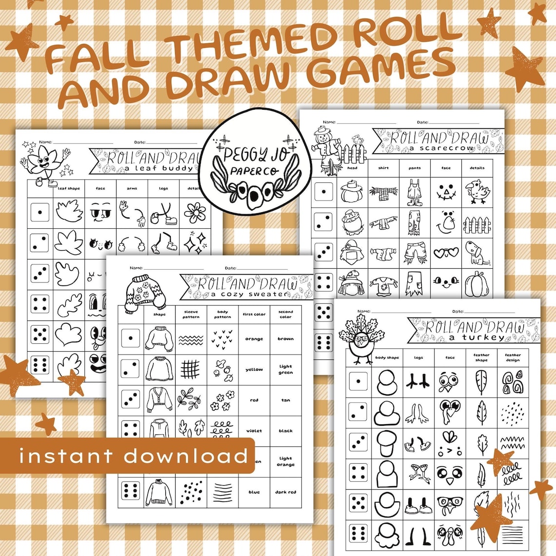 Thanksgiving Roll and Draw Games: Turkey, Scarecrow, Leaf, Sweater (PDF ...