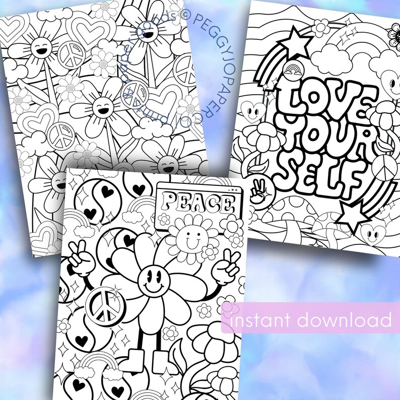 Flower Coloring Pages, Retro-chic, Hippy Retro, Hippie Adult Coloring ...