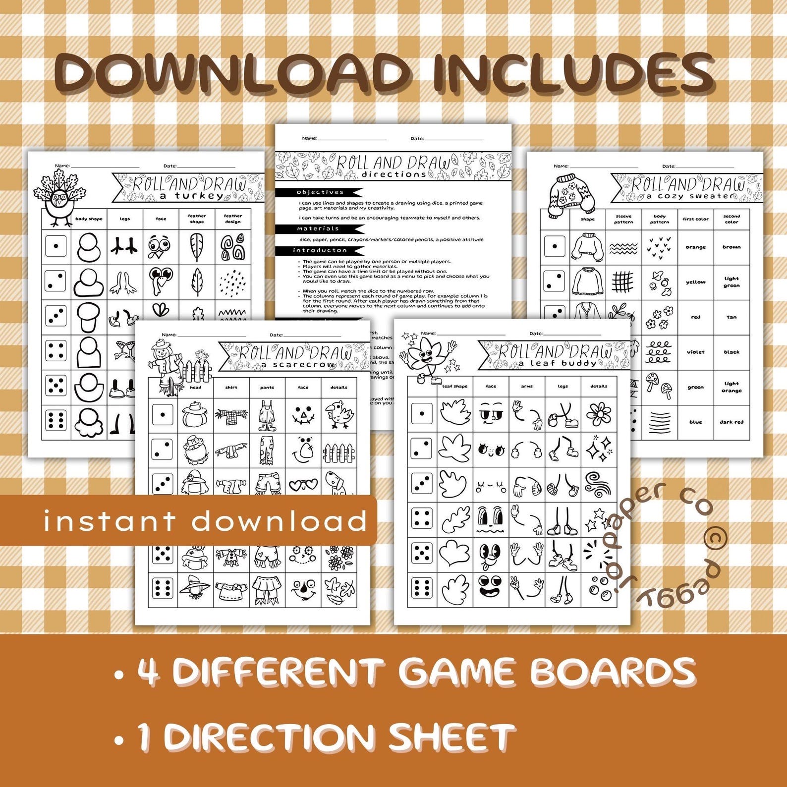 Thanksgiving Roll and Draw Games: Turkey, Scarecrow, Leaf, Sweater (PDF ...