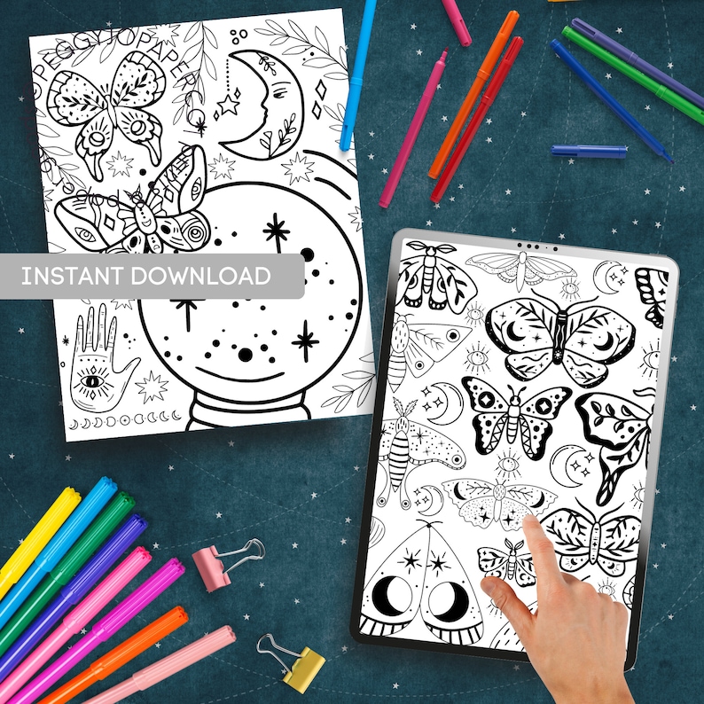 Moths & Moons Coloring Pages, Witch Coloring Book, Witchy Aesthetic ...
