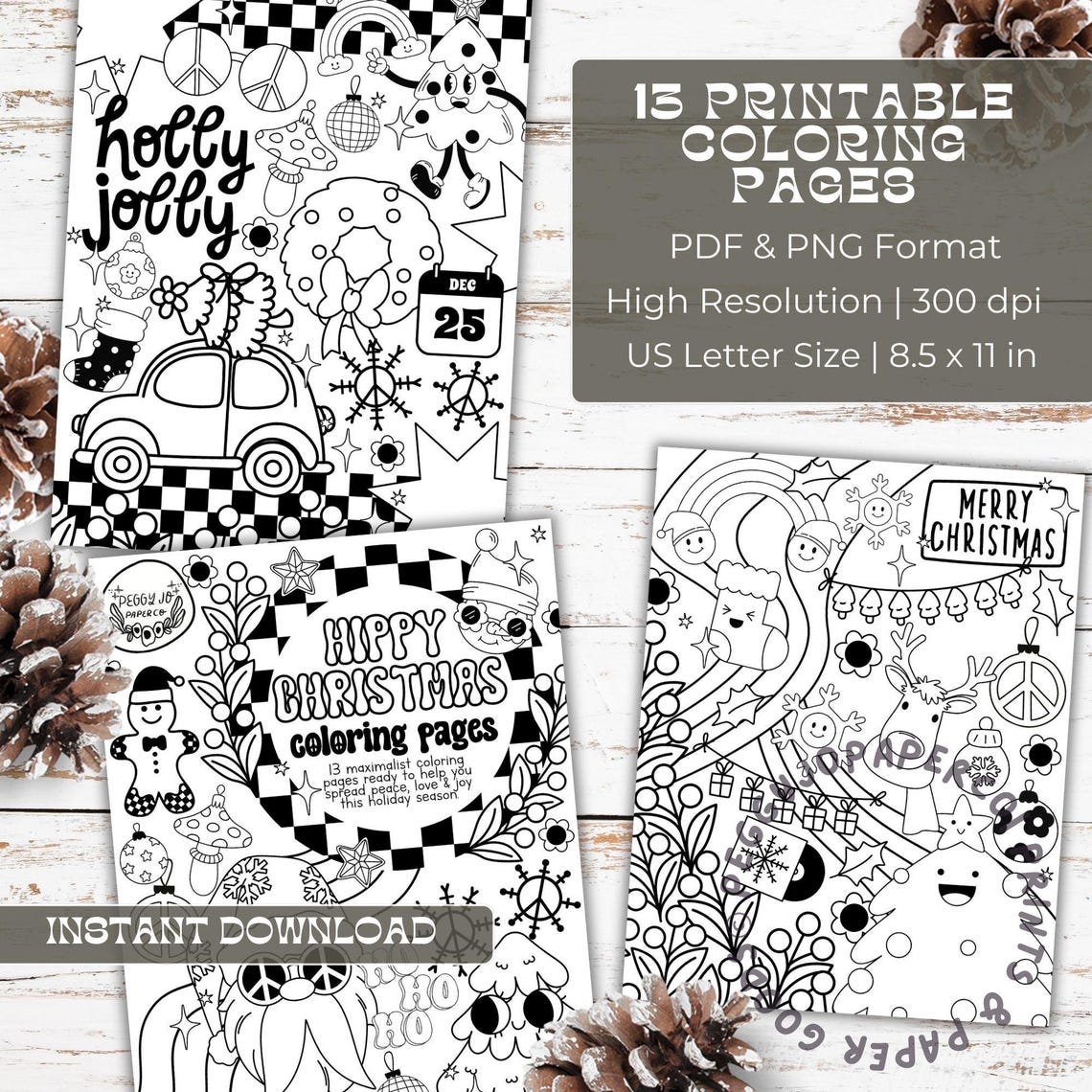 Hippy Holiday Christmas Coloring Pages: Retro Festive Designs (PDF ...