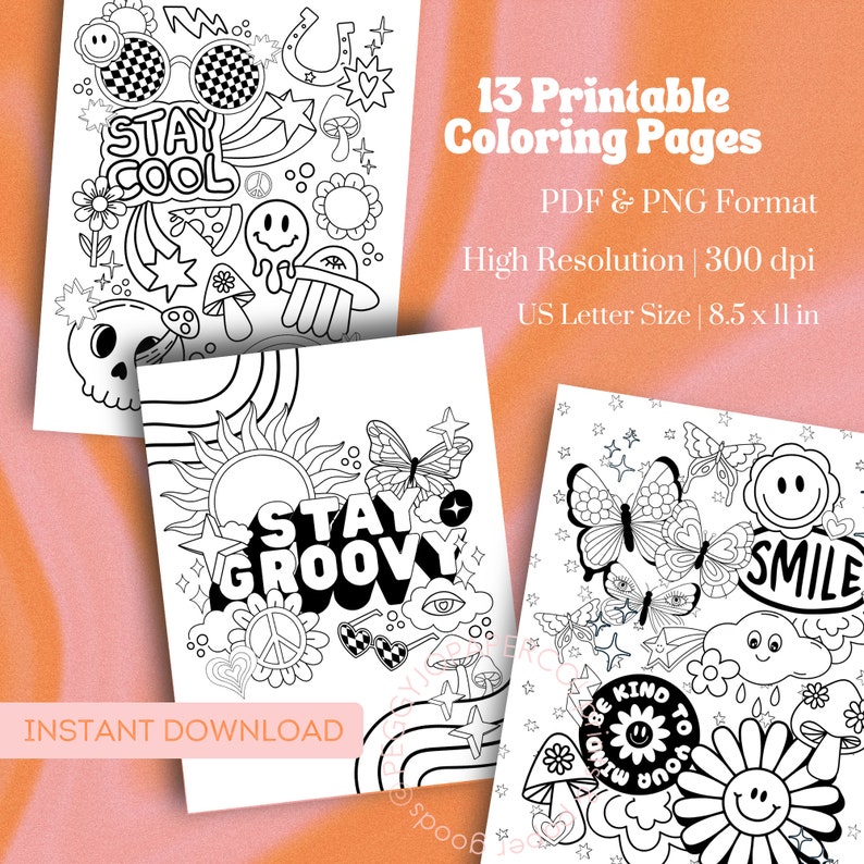 Stay Groovy Coloring Pages, Retro-chic, Hippy Retro Aesthetic, Adult ...