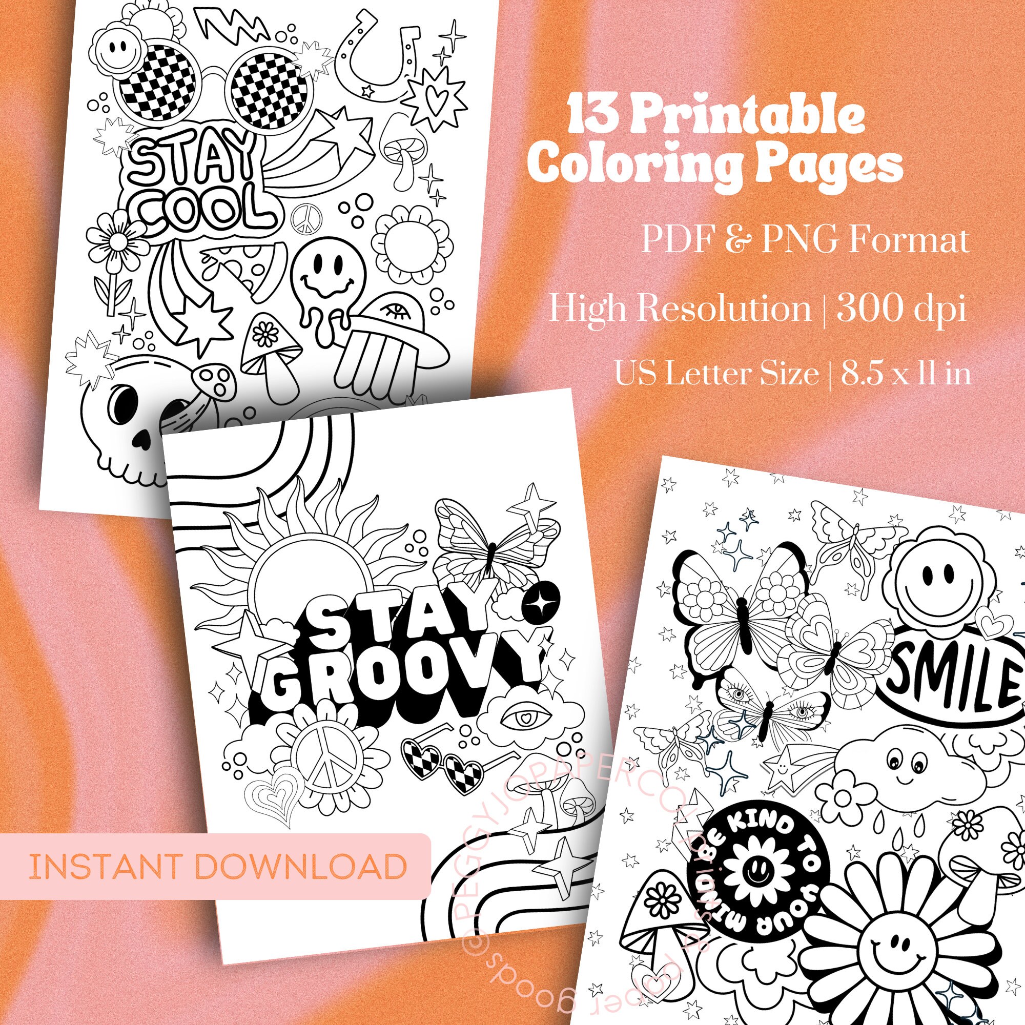 Stay Groovy Coloring Pages, Retro-chic, Hippy Retro Aesthetic, Adult ...