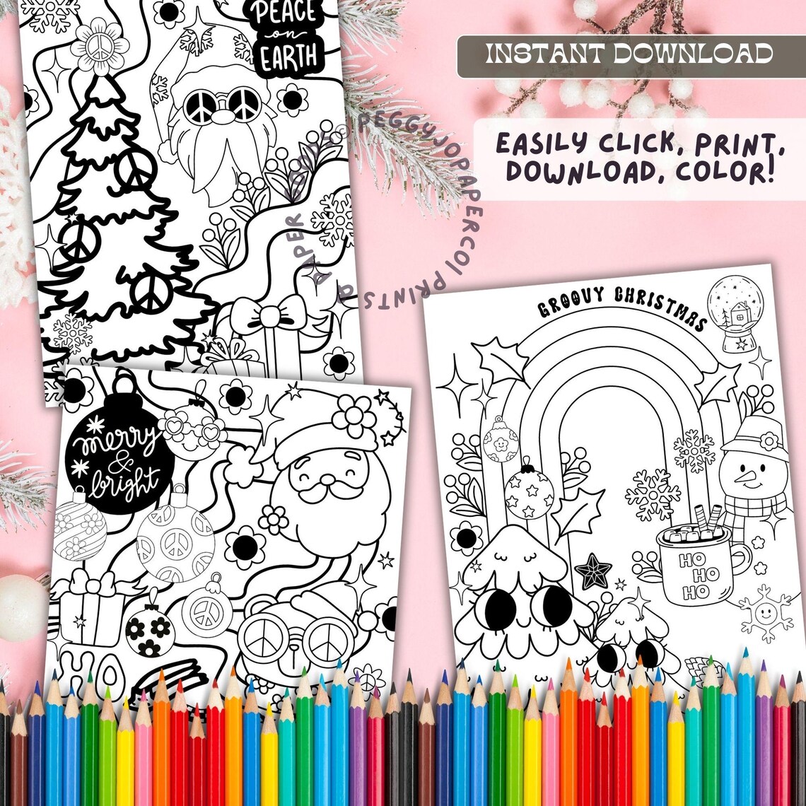 Hippy Holiday Christmas Coloring Pages: Retro Festive Designs (PDF ...
