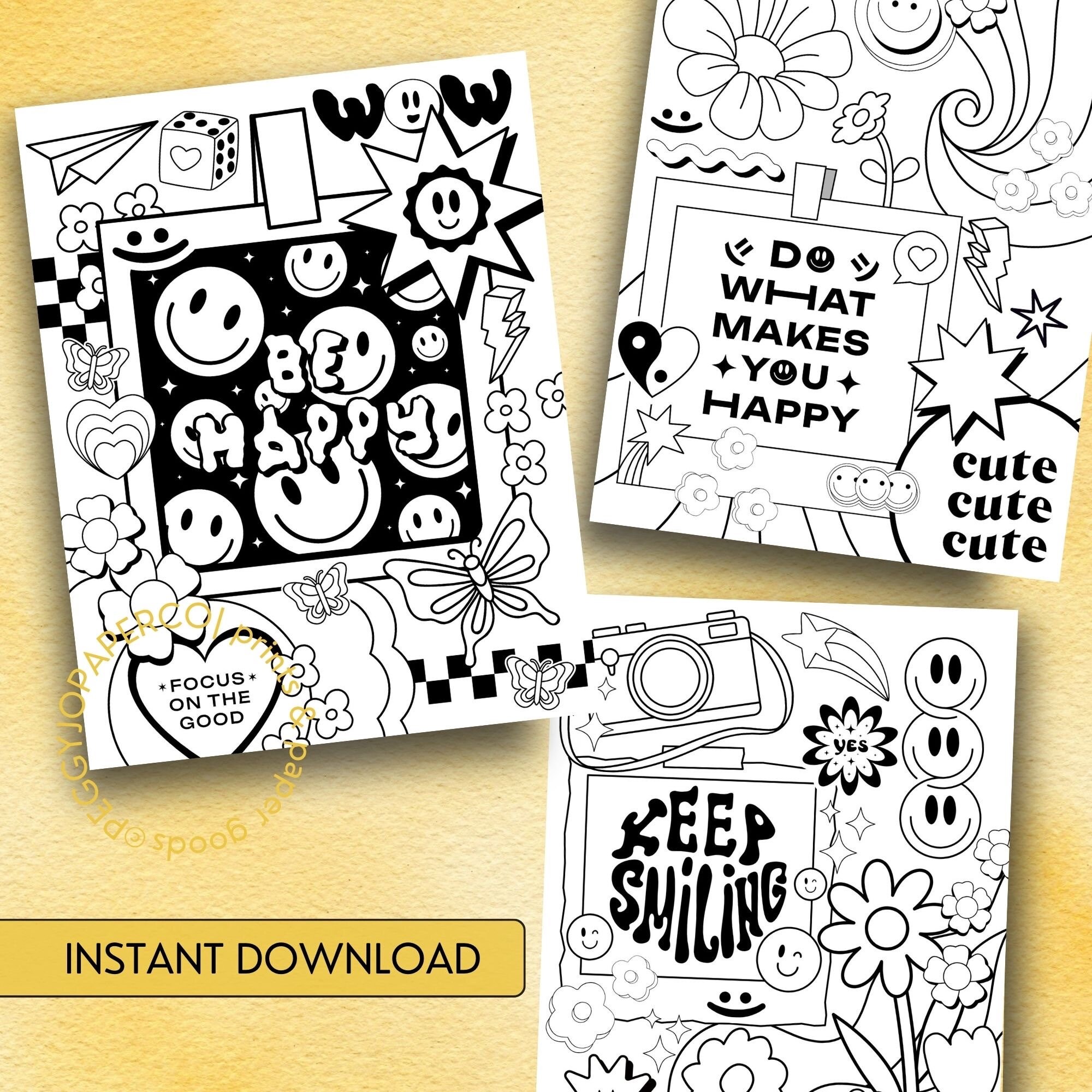 Be Happy Coloring Pages, Retro-chic, Smiley Aesthetic, Preppy Adult ...