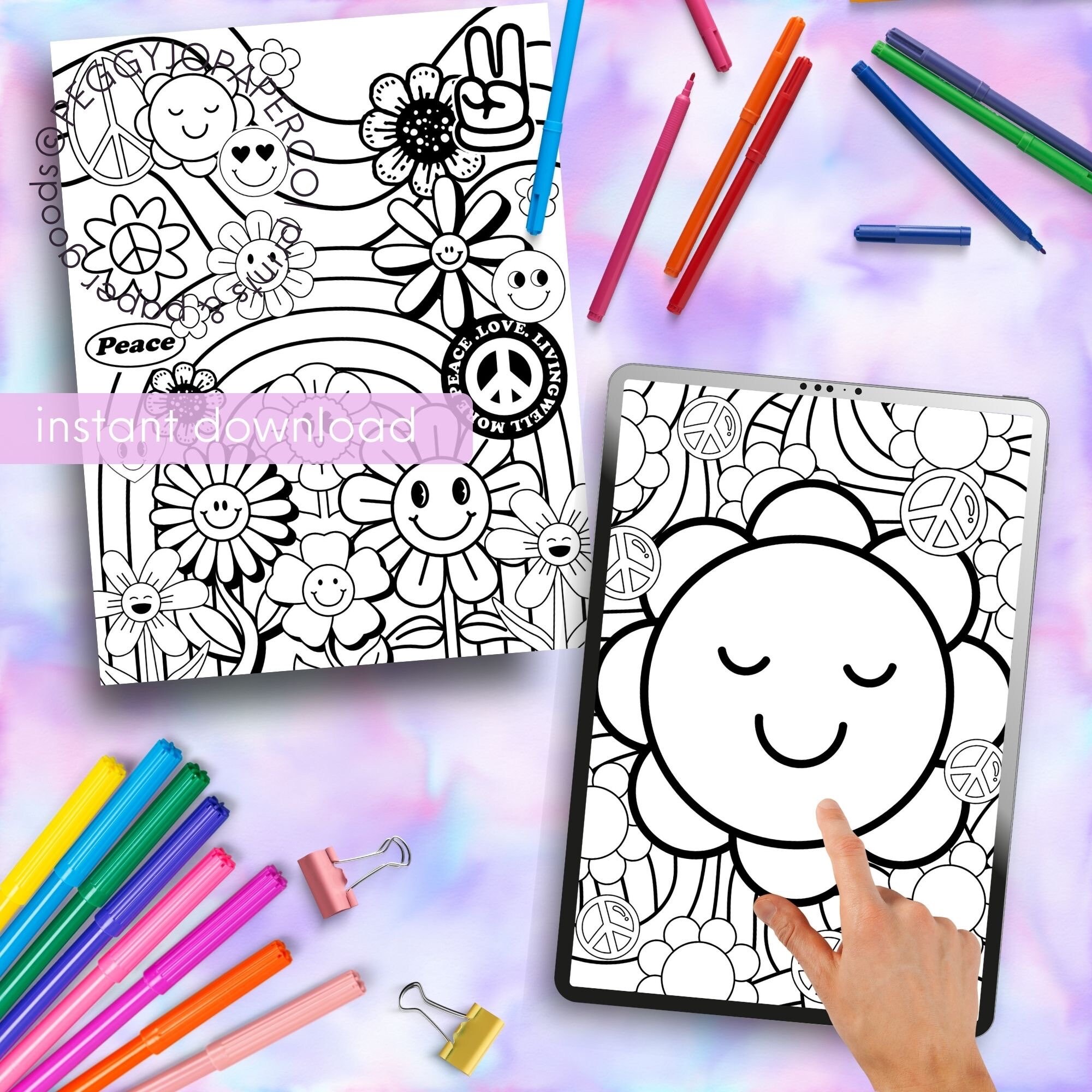 Flower Coloring Pages, Retro-chic, Hippy Retro, Hippie Adult Coloring ...