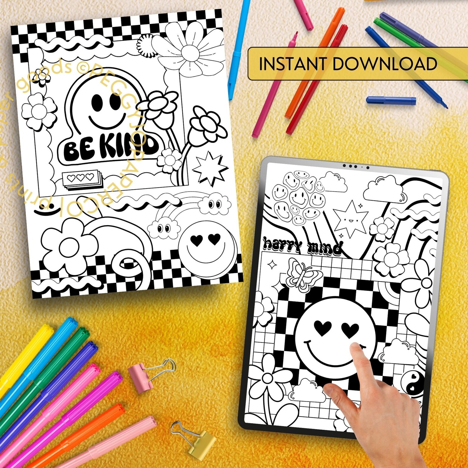 Be Happy Coloring Pages, Retro-chic, Smiley Aesthetic, Preppy Adult ...