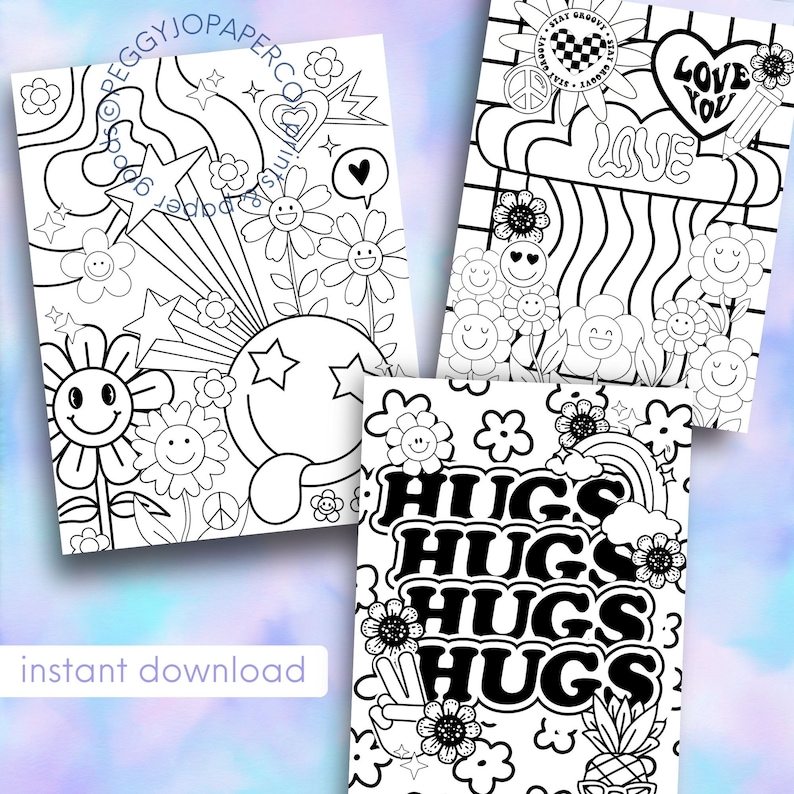 Flower Coloring Pages, Retro-chic, Hippy Retro, Hippie Adult Coloring ...