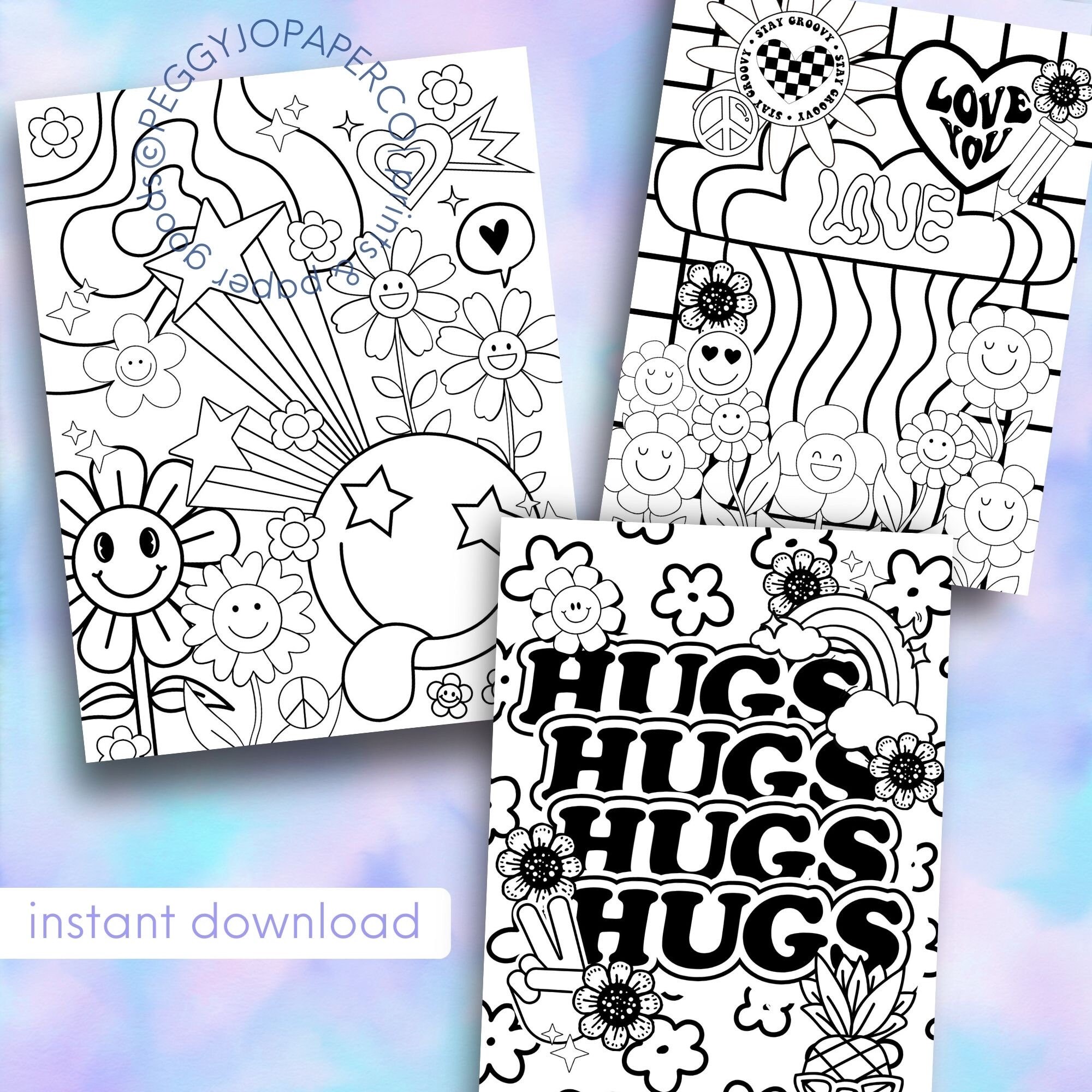 Flower Coloring Pages, Retro-chic, Hippy Retro, Hippie Adult Coloring ...