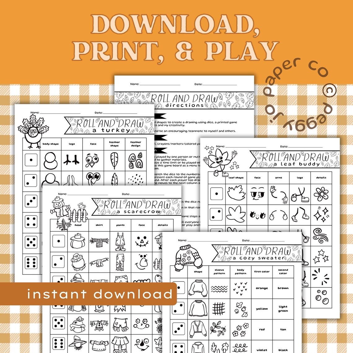 Thanksgiving Roll and Draw Games: Turkey, Scarecrow, Leaf, Sweater (PDF ...