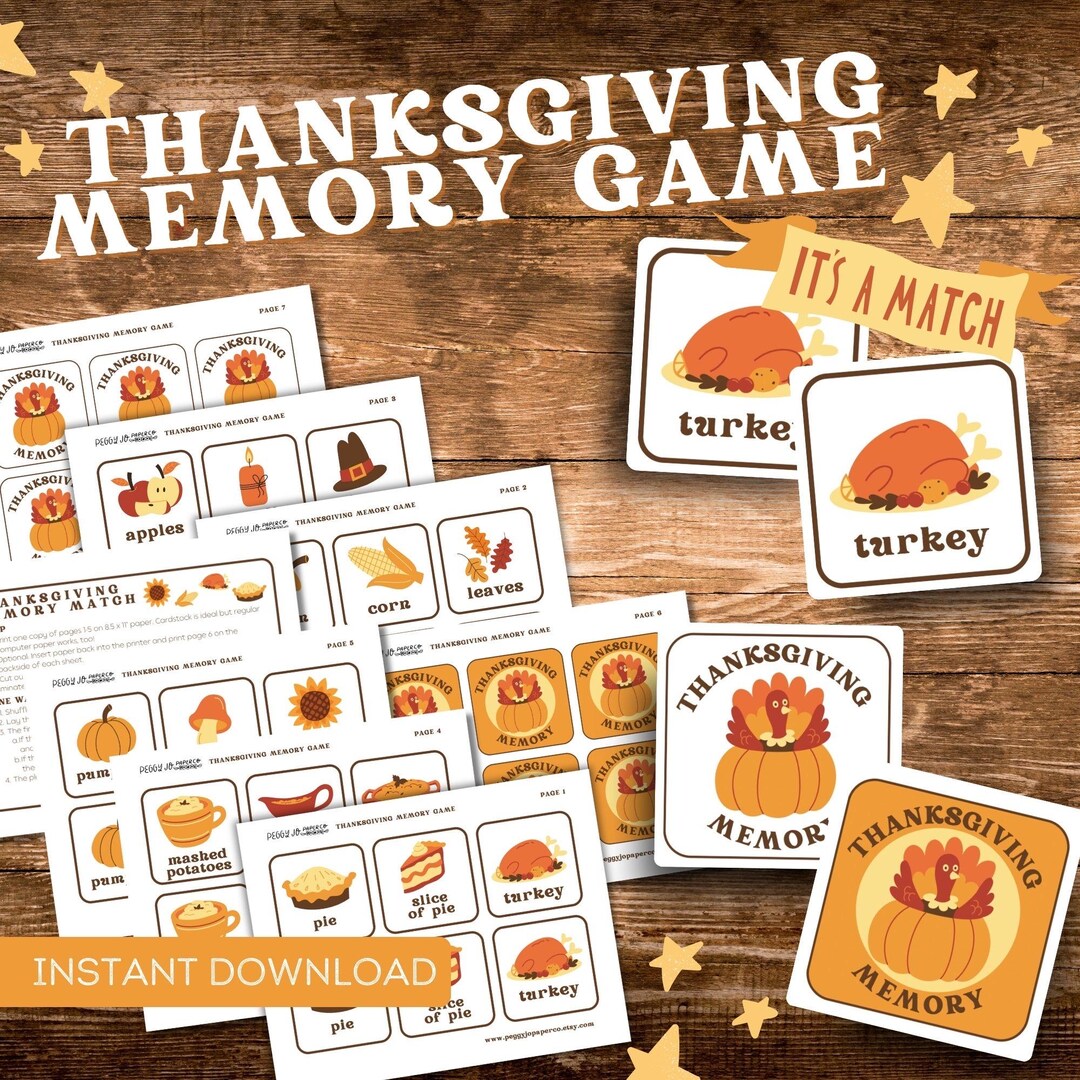 Thanksgiving Memory Matching Game: Printable Kid Games (PDF), Fall ...